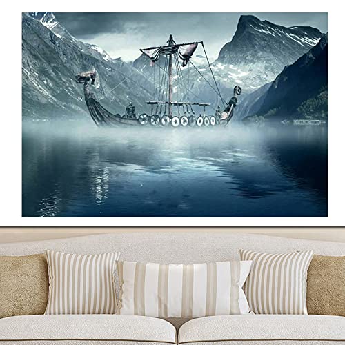 CINORD Landscape Cold North Sea Viking Long Ship Canvas Painting On The Wall Art Posters Bedroom Home Decor Living Room Prints (Framed,60x90cm)