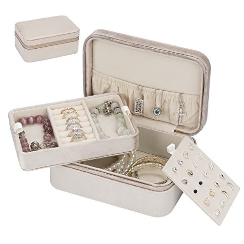 Travel Jewelry Box Organizer Plush Velvet Small Jewelry Organizer Travel Mini Storage Organizer Portable Jewellery Case Boxes for Women Girls Gift/cream colored