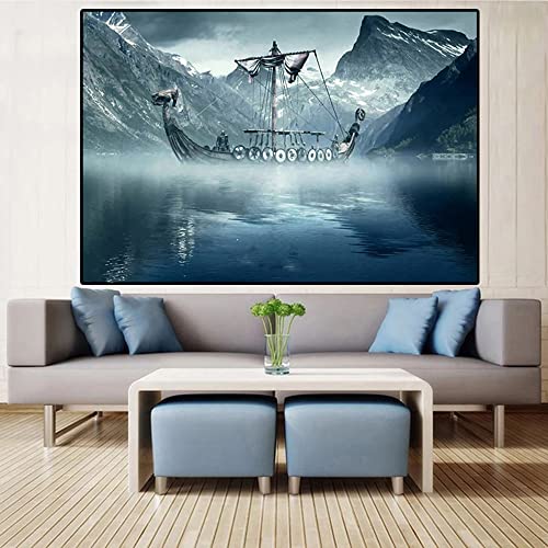 CINORD Landscape Cold North Sea Viking Long Ship Canvas Painting On The Wall Art Posters Bedroom Home Decor Living Room Prints (Framed,60x90cm)