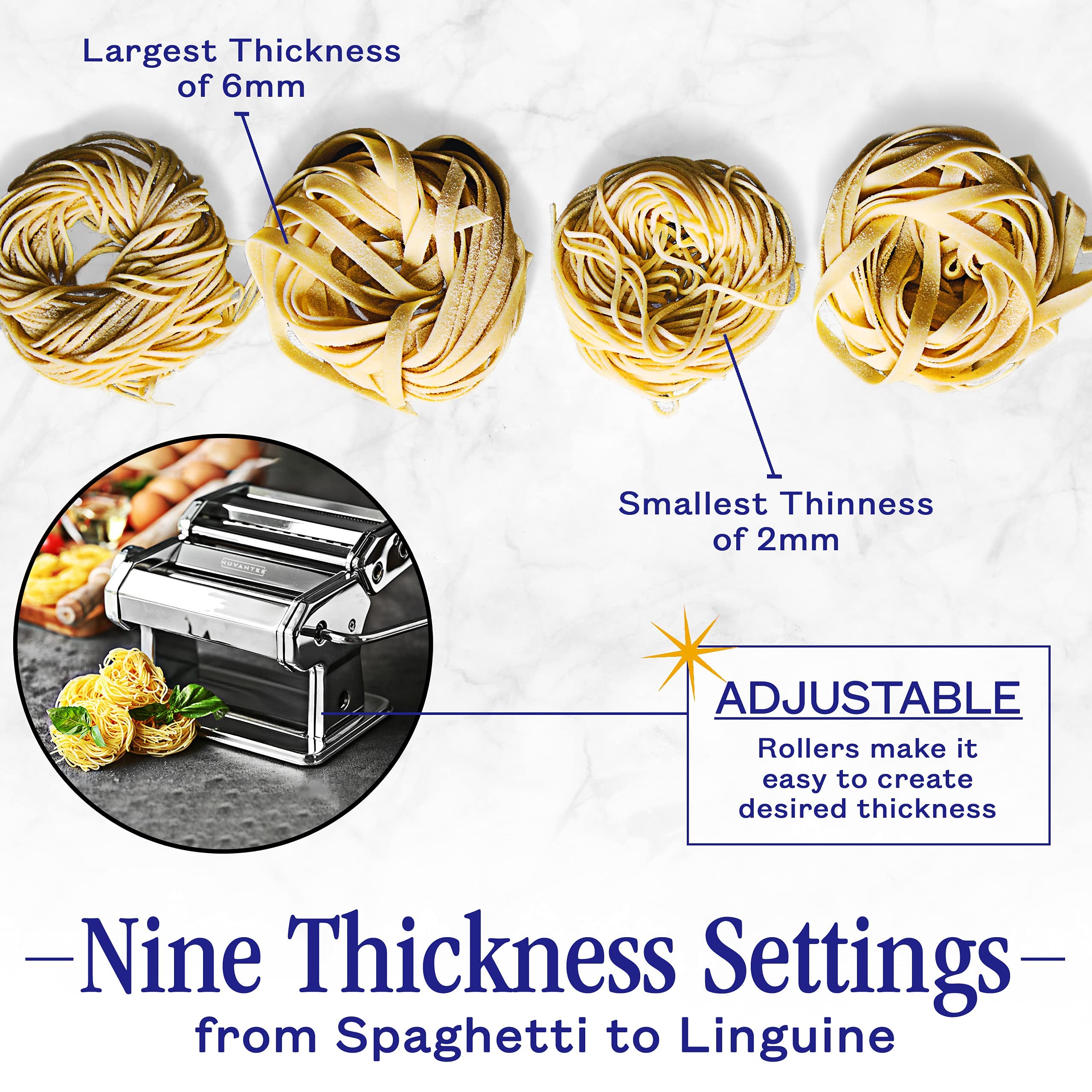 Nuvantee Pasta Maker Machine,Manual Hand Press,Adjustable Thickness Settings,Noodles Maker with Washable Aluminum Alloy Rollers and Cutter, Perfect for Spaghetti,Fettuccini, Lasagna