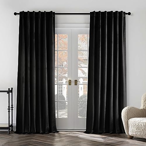 Topfinel 90 Inches Black Blackout Velvet Curtains for Living Room,Rod Pocket Back Tab Brightens Thick Vertical Backdrop Drapes for Living Room Cinema/Room Dividers 90 Inch Length 2 Panels,Black