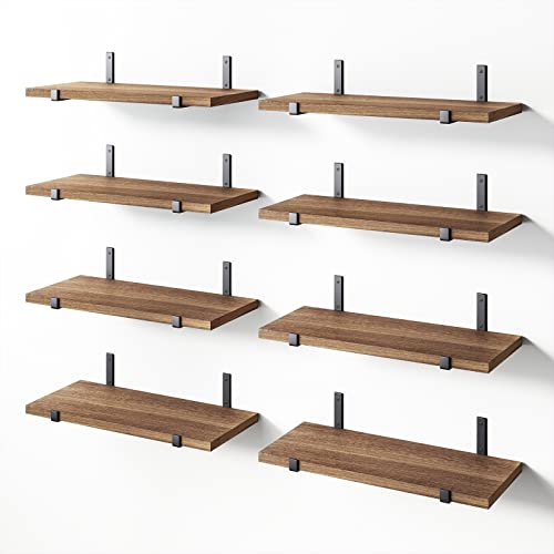 YGEOMER Floating Shelves, Set of 8, Rustic Wall Shelves, Wood Floating Shelf for Bedroom, Living Room, Book and Bathroom (Dark Carbonized Black)