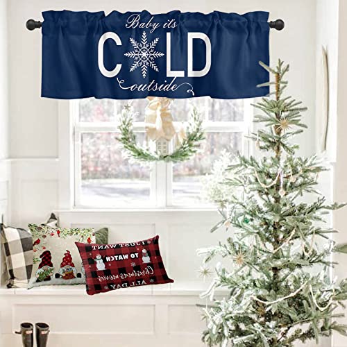 Jacekidy Christmas Valances Kitchen Curtains Wide Pocket Curtain Valances, Window Valance Curtains for Living Room Dinning Room, Window Treatments 54x18 in Cold Winter Snowflakes Blue Backdrop