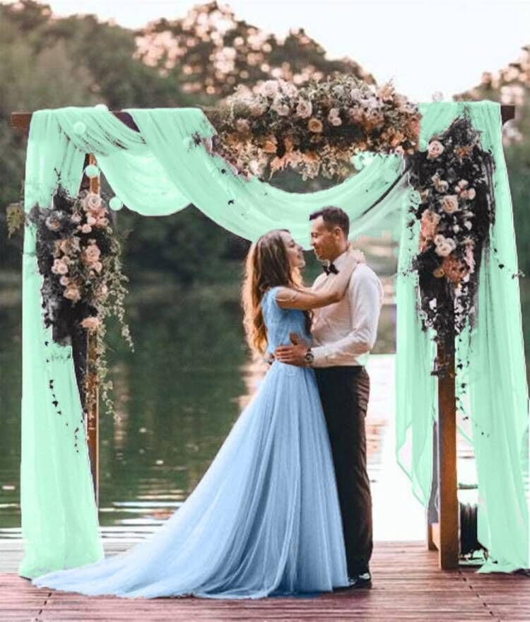 SFN SKY Turquoise 100% Chiffon Arch Ceremony Backdrop 30" x6yards Chiffon Curtain for Thanksgiving Christmas Wedding Arch Door/Home Canopy Bed Curtains - Long Sheer Window Topper Valance Tablecloth