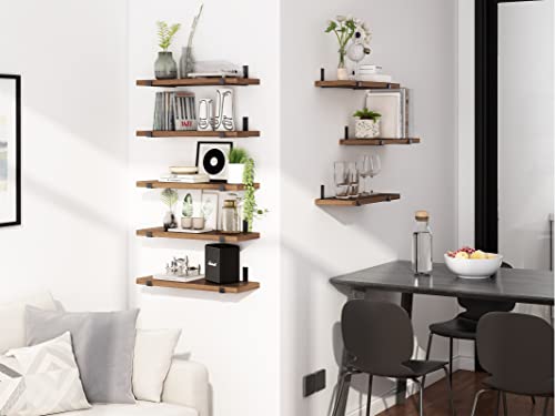 YGEOMER Floating Shelves, Set of 8, Rustic Wall Shelves, Wood Floating Shelf for Bedroom, Living Room, Book and Bathroom (Dark Carbonized Black)