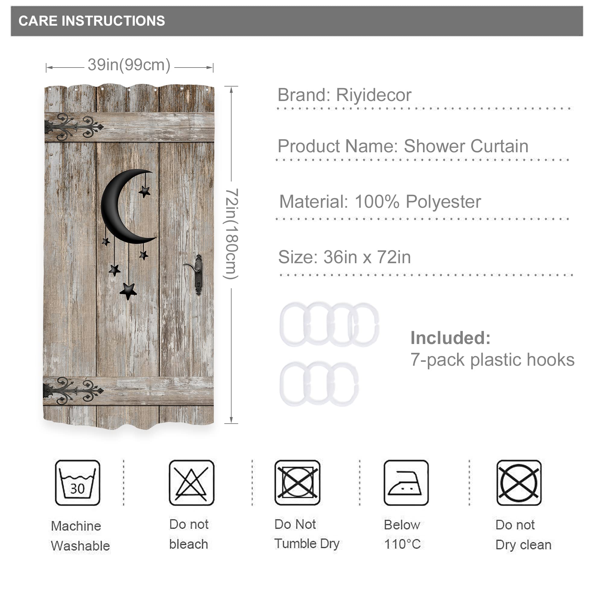 Riyidecor Rv Half Barn Door Shower Curtain 36Wx72H Inch Small Stall Country Single Shower Curtains Rustic Door Curtains Farmhouse Moon Star Farm Bathroom Decor Fabric Polyester Waterproof 7 Pack Hooks