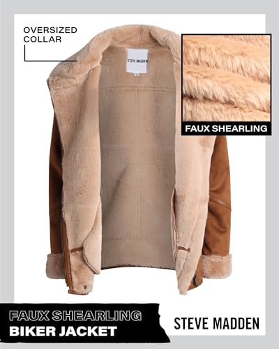 Steve Madden Women's Winter Coat - Faux Leather Moto Biker Jacket - Faux Shearling Lined Heavyweight Jacket for Women, S-XL, Size Large, Cognac