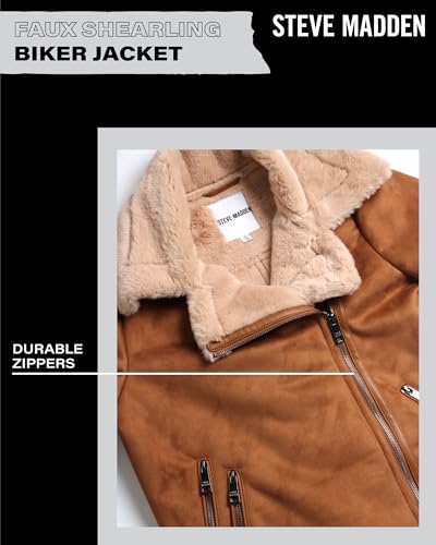 Steve Madden Women's Winter Coat - Faux Leather Moto Biker Jacket - Faux Shearling Lined Heavyweight Jacket for Women, S-XL, Size Large, Cognac