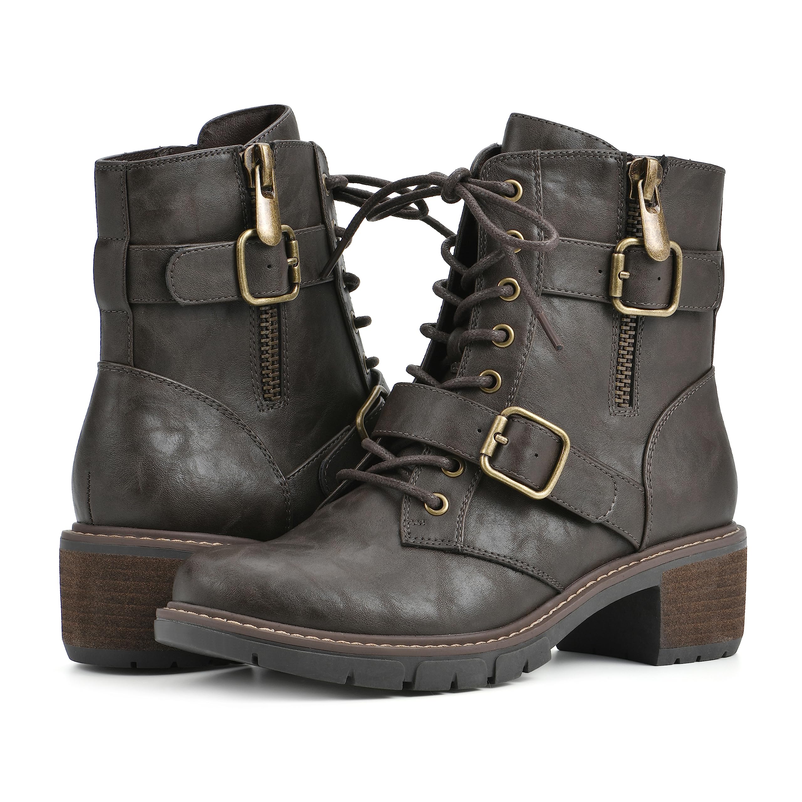 WHITE MOUNTAIN Women's Shoes Crank Block Heel Moto Boot, Dk.Brown/Smooth, 8 M