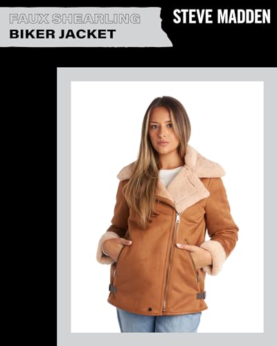 Steve Madden Women's Winter Coat - Faux Leather Moto Biker Jacket - Faux Shearling Lined Heavyweight Jacket for Women, S-XL, Size Large, Cognac