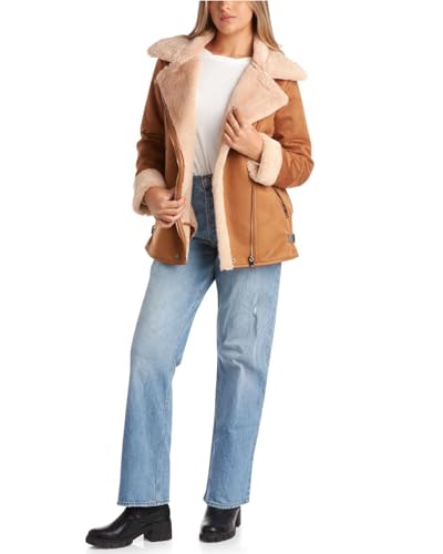 Steve Madden Women's Winter Coat - Faux Leather Moto Biker Jacket - Faux Shearling Lined Heavyweight Jacket for Women, S-XL, Size Large, Cognac