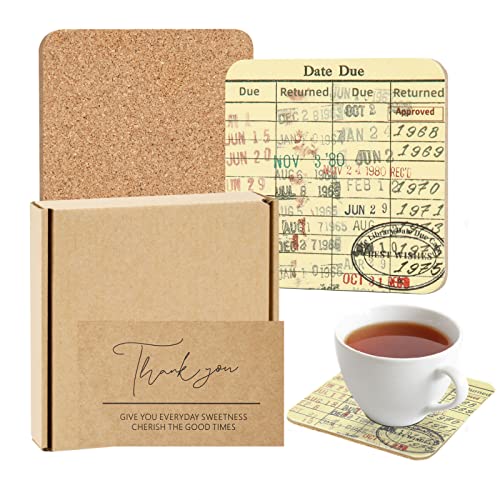 Vintage Library Due Date Card Coaster Set, 4pcs Library Card Coasters with Gift Card, Creative Drink Coffee Mug Coaster Literary Decor Library Gifts for Book Lovers Librarians Writers