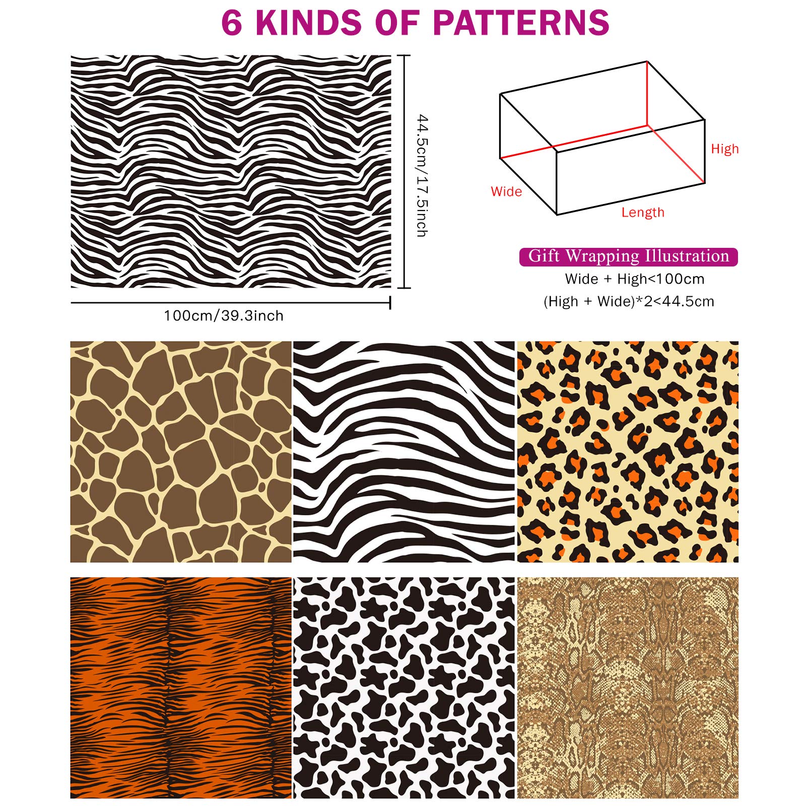 WRAPAHOLIC Wrapping Paper Sheet - Animal Prints for Birthday, Holiday, Party, Baby Shower - 1 Roll Contains 6 Sheets - 17.5 inch X 39.3 inch Per Sheet