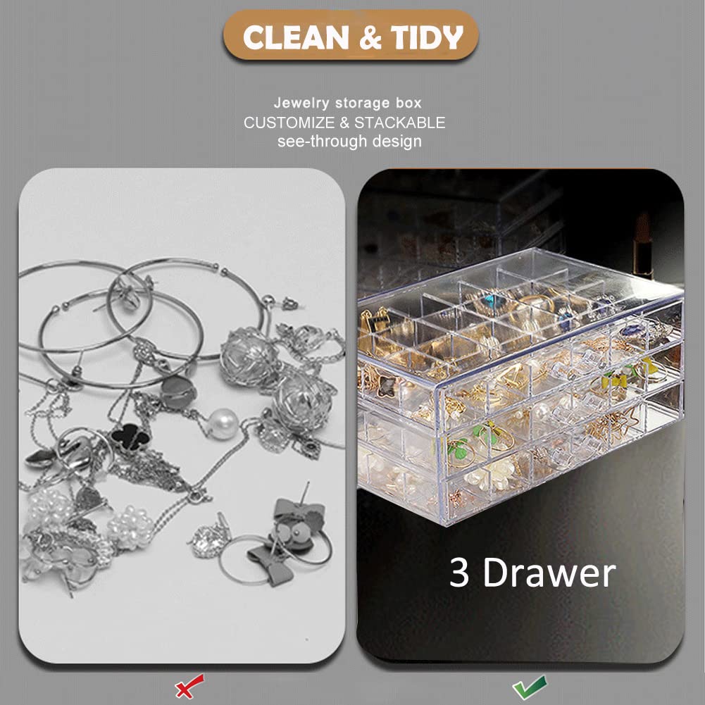 Compartment Storage Box 72 Grids Acrylic Organizer Box with 3 Drawers Storage Containers Transparent Organizer Box for Crafts Art Supply Diamond Painting Nail Tip Bead Earring Ring