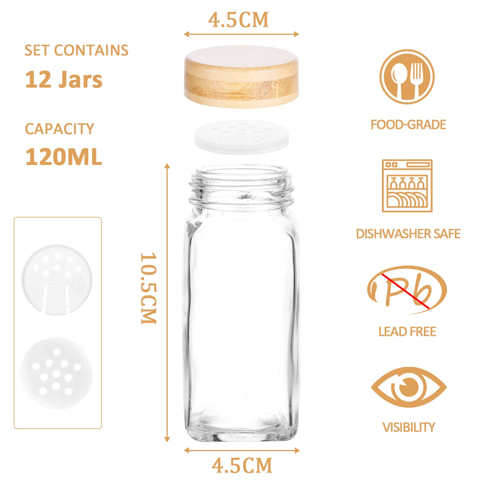 Akoatail 12 Spice Jars with Labels, 4oz Square Glass Spice Jars with Airtight Bamboo Lids and Shaker Lids, Cooking Spice Containers, Seasoning Jars Bottles Set for Spice Rack Cabinet Drawer