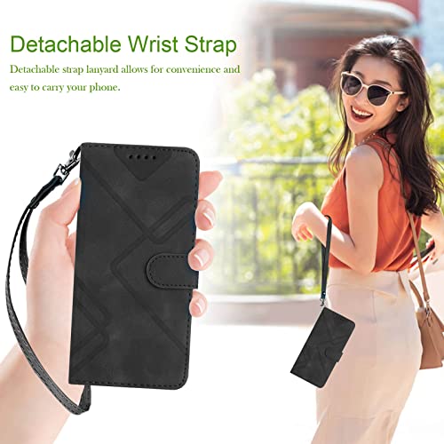 JHWVVTF for Moto G 5G 2022 Wallet Case, Card Holder Leather Kick-Stand, Wrist Strap, Magnetic Closure, Shockproof Protective Pattern Flip Cover (Black)