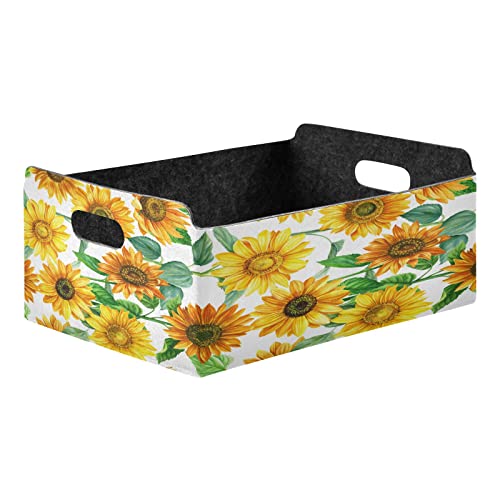 Kigai Sunflower Storage Bins with Handles Felt Fabric Collapsible Storage Basket Organizer Drawers Storage Boxes for Shelf Closet Bedroom (14x5x10Inch)