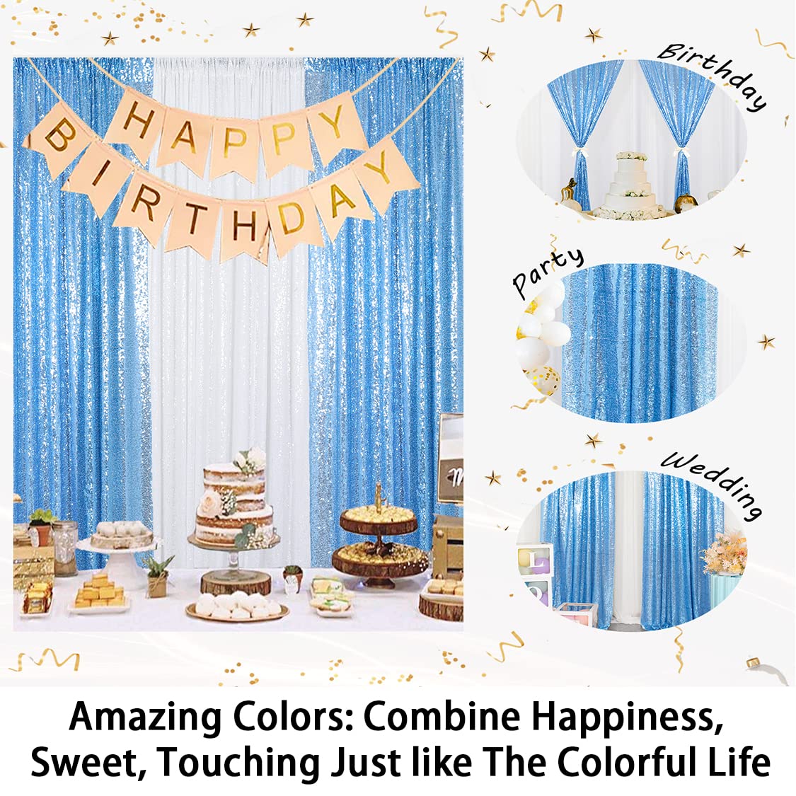 ShinyBeauty 4ft x 8ft Baby Blue Sequin Backdrop Curtain 2 Panels Sequin Wall Panel Backdrop Glitter Curtains Drapes or Parties Wedding Decoration