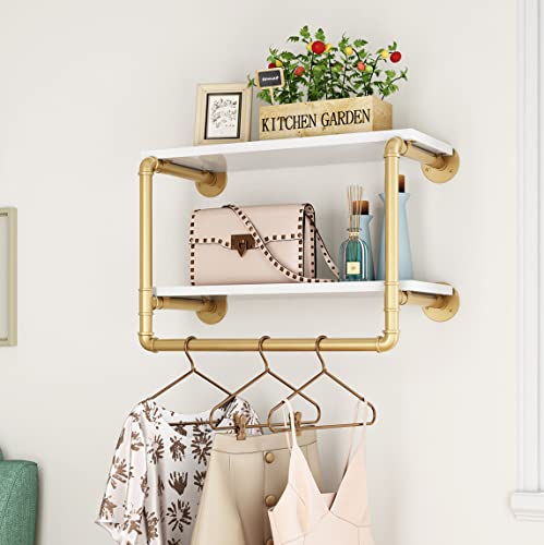 HOMEKAYT Industrial Pipe Shelving Wall Mounted Rustic Wood Shelf Industrial Floating Shelves-(Gold,2-Tier)