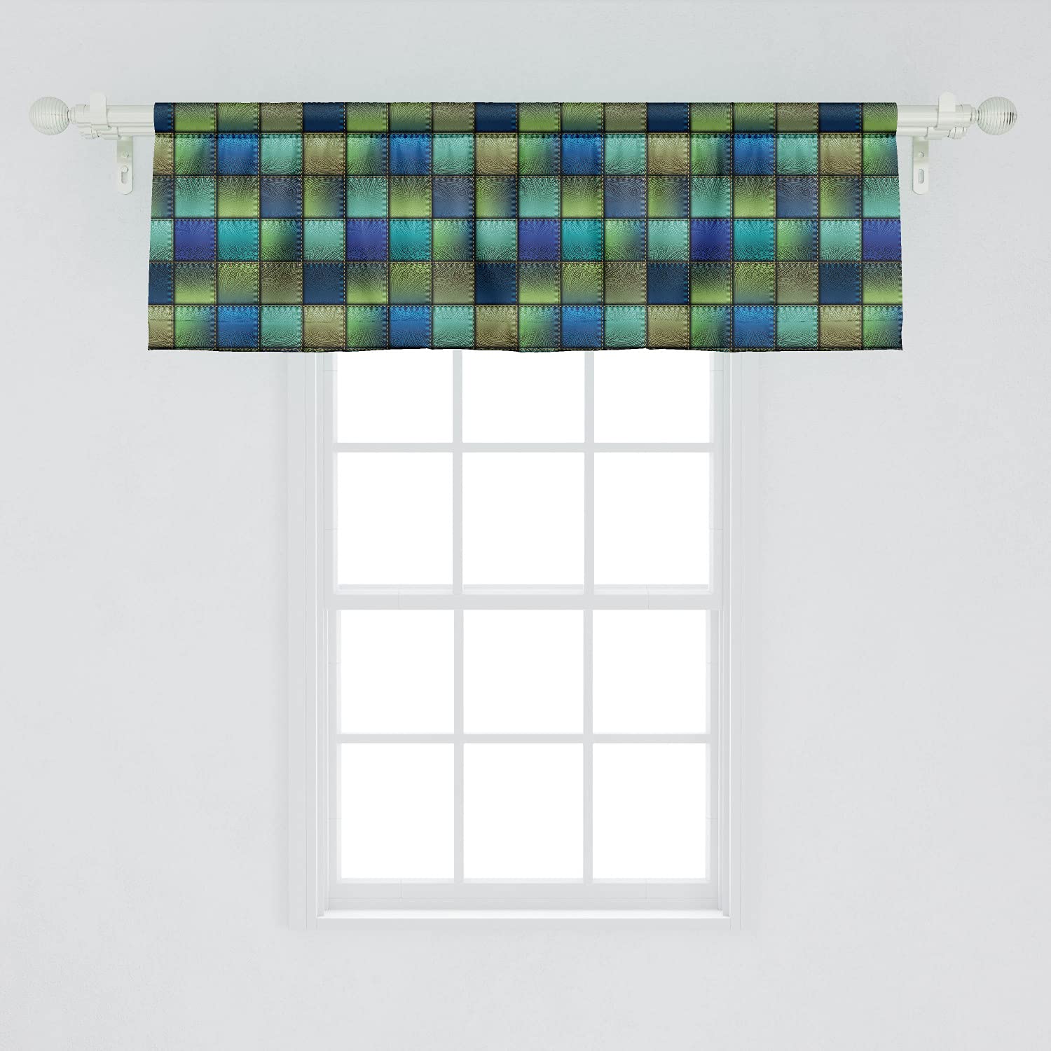 Ambesonne Colorful Window Valance Pack of 2, Modern Geometric Bohemian Paisley Details in Square Shaped Backdrop Pieces Art, Rod Pocket Curtain Valances for Kitchen Bedroom, 54" X 18", Blue Khaki