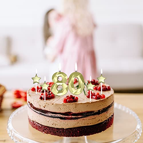80th Birthday Candles for Cake - Number 80 & 8 & 0 Birthday Candles and Glitter Star Birthday Candles 2 Inch 3D Diamond Shape Number Candles for Birthday Party Anniversary Kids Adults(Gold)
