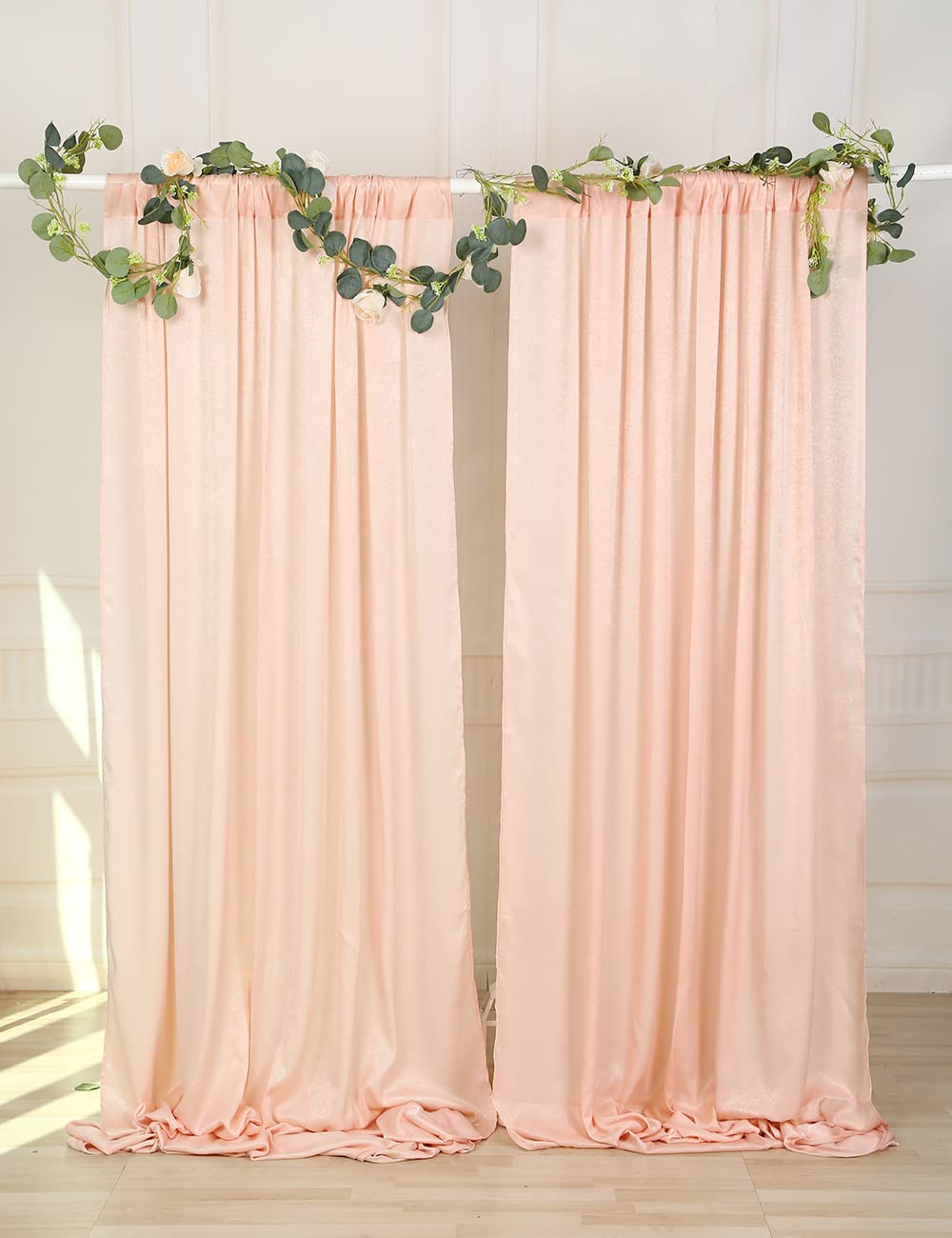 SHERWAY 9.6 Feet x 10 Feet Light Peach Silky Soft Curtain Wedding Backdrop Drapes, Slightly Shiny Satiny Window Curtains for Party Ceremony Decoration