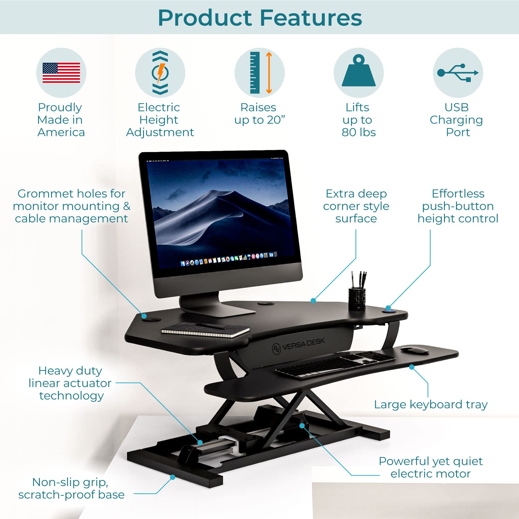 VERSADESK 36" Corner Standing Desk Converter, PowerPro Electric Height Adjustable Desk Riser for Standing or Sitting, Keyboard Tray, USB Charging Port, Holds 80 lbs, Black
