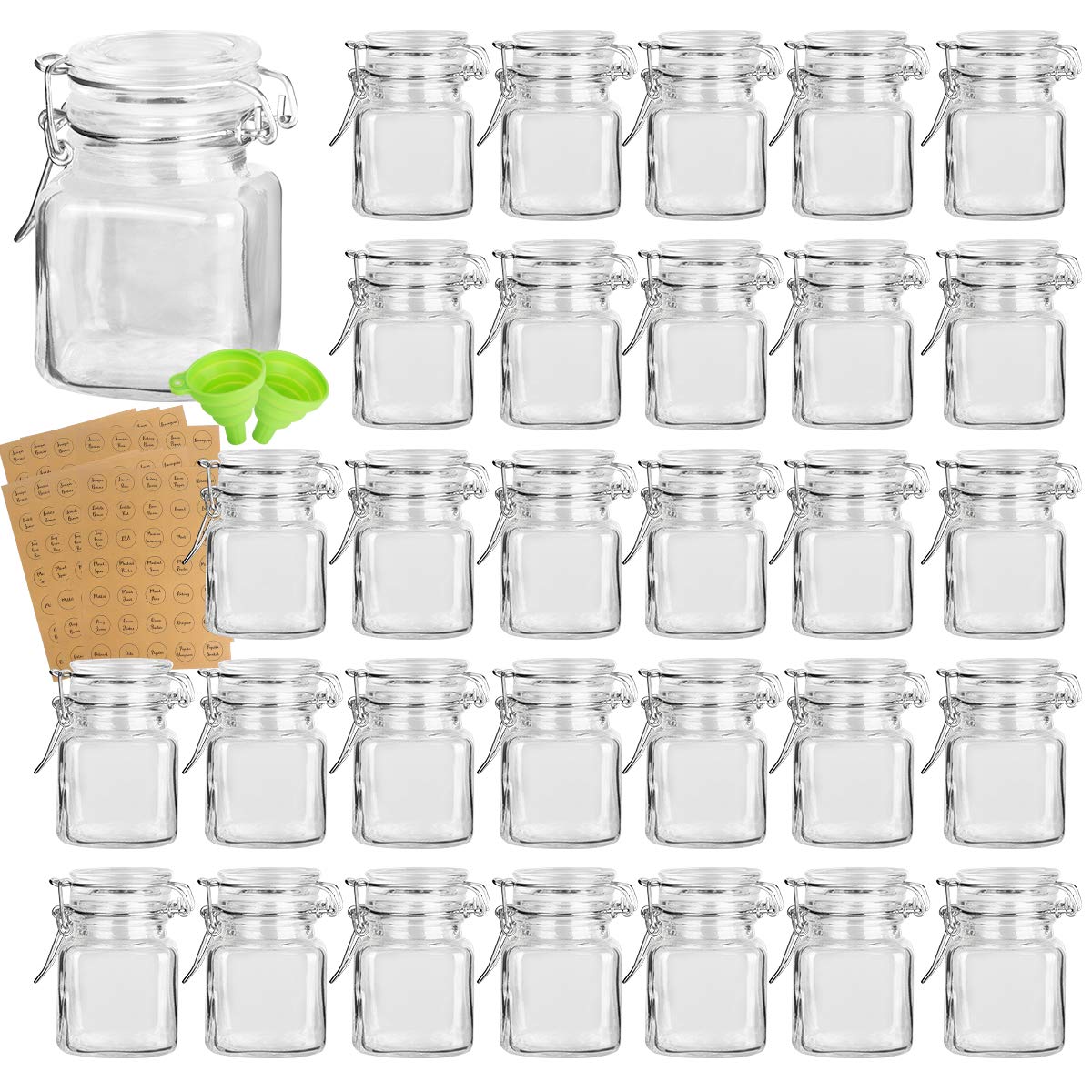 Glass Jars With Lids, KAMOTA 30 pack of 3.5 oz small glass jars for storage spice herbal condiments with leak-proof rubber gaskets and airtight hinged lids, 280 labels and 2 silicone funnels