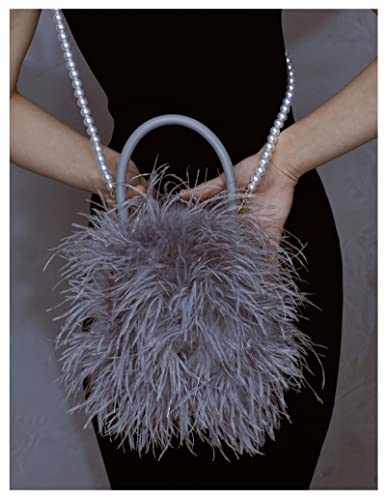 Skying Women's Real Ostrich Feather Evening Purse Handbag Clutch, Party Gift Wool Bag Wallet Tote For Winter (Bluish Gray)