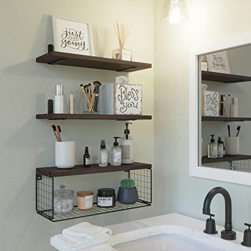 WOPITUES Floating Shelves Wall Mounted, Rustic Wood Bathroom Shelves Over Toilet with Paper Storage Basket, Farmhouse Floating Shelf for Wall Decor, Bedroom, Living Room, KitchenâRustic Brown