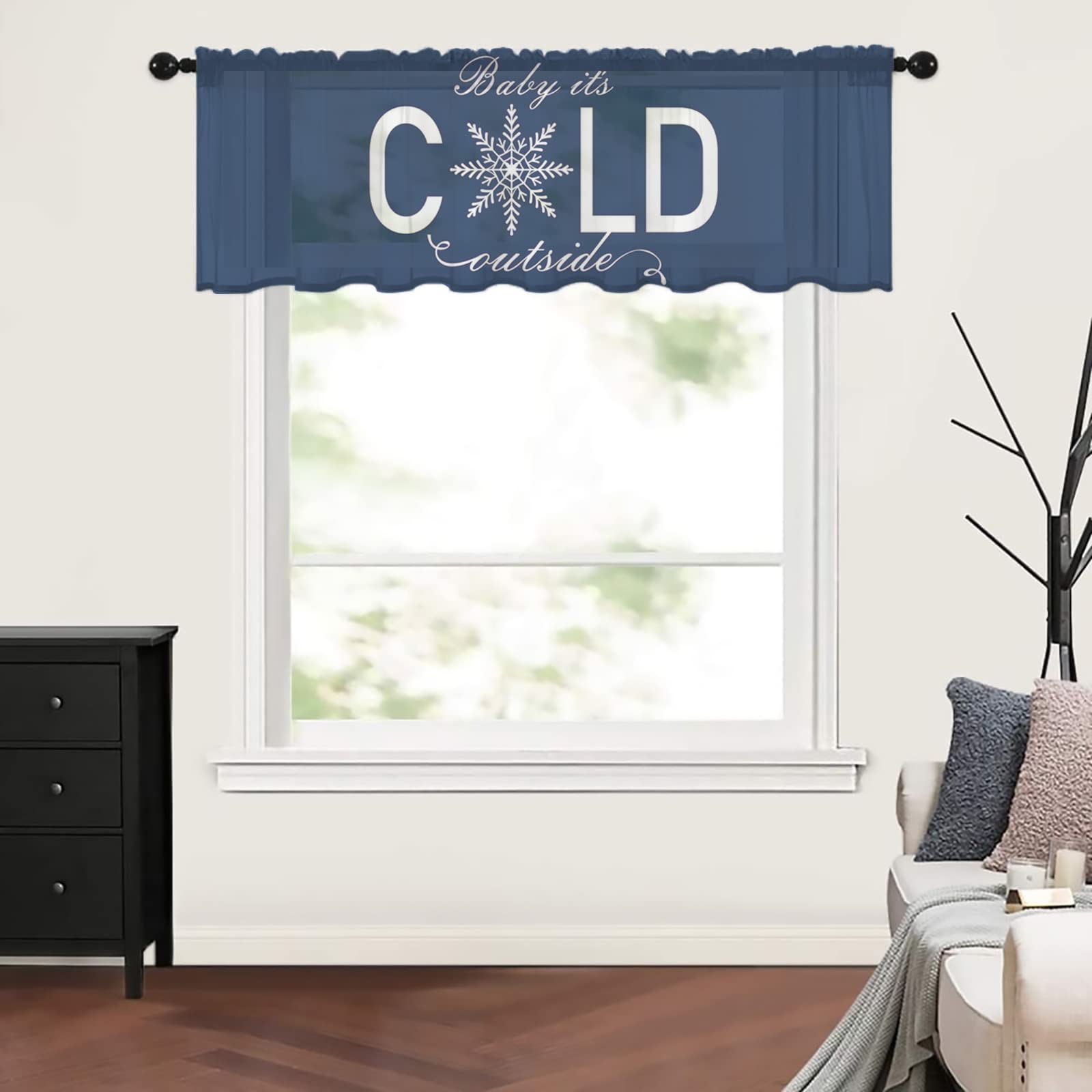 AmbeHome Sheer Valances for Windows Kitchen Curtains Valances, Christmas Window Valances Rod Pocket Curtain Valances for Living Room Bedroom Kitchen Cafe, 54x18in Cold Winter Snowflakes Blue Backdrop