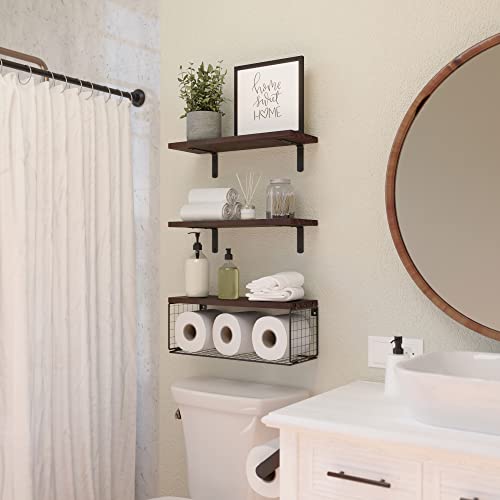 WOPITUES Floating Shelves Wall Mounted, Rustic Wood Bathroom Shelves Over Toilet with Paper Storage Basket, Farmhouse Floating Shelf for Wall Decor, Bedroom, Living Room, KitchenâRustic Brown