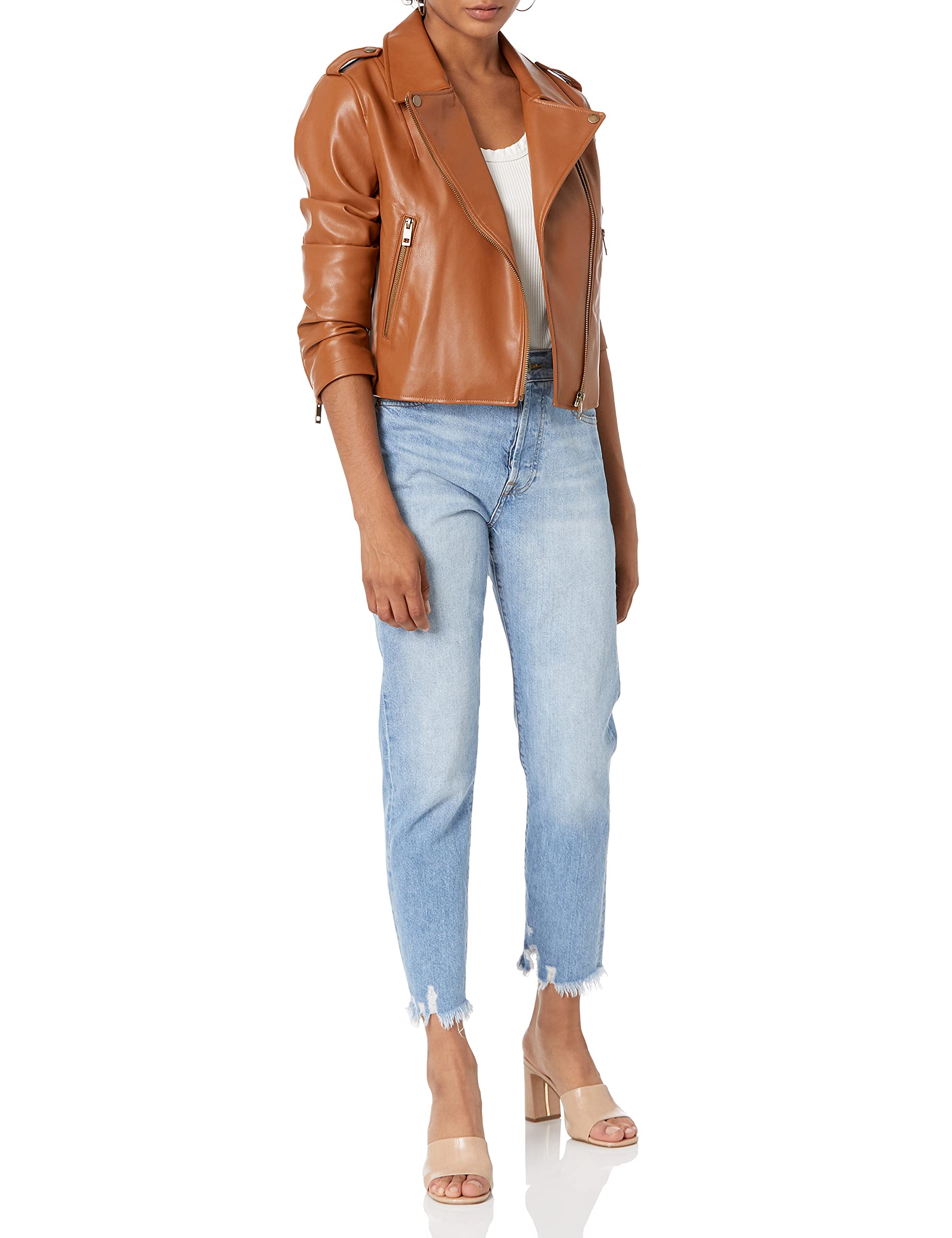 The Drop Women's Heather Faux Leather Moto Jacket, Cognac, XXL, Plus Size