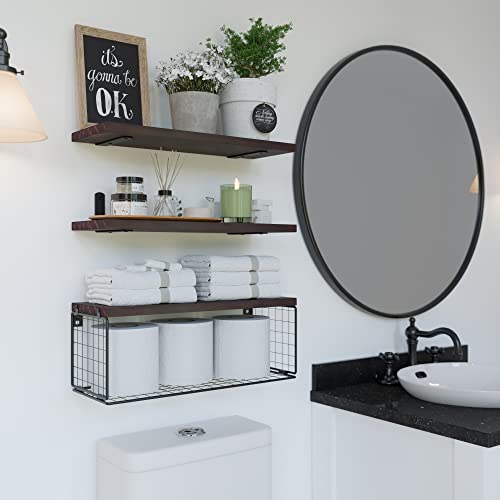 WOPITUES Floating Shelves Wall Mounted, Rustic Wood Bathroom Shelves Over Toilet with Paper Storage Basket, Farmhouse Floating Shelf for Wall Decor, Bedroom, Living Room, KitchenâRustic Brown
