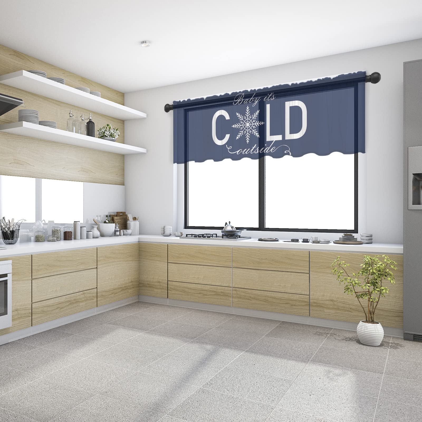 AmbeHome Sheer Valances for Windows Kitchen Curtains Valances, Christmas Window Valances Rod Pocket Curtain Valances for Living Room Bedroom Kitchen Cafe, 54x18in Cold Winter Snowflakes Blue Backdrop