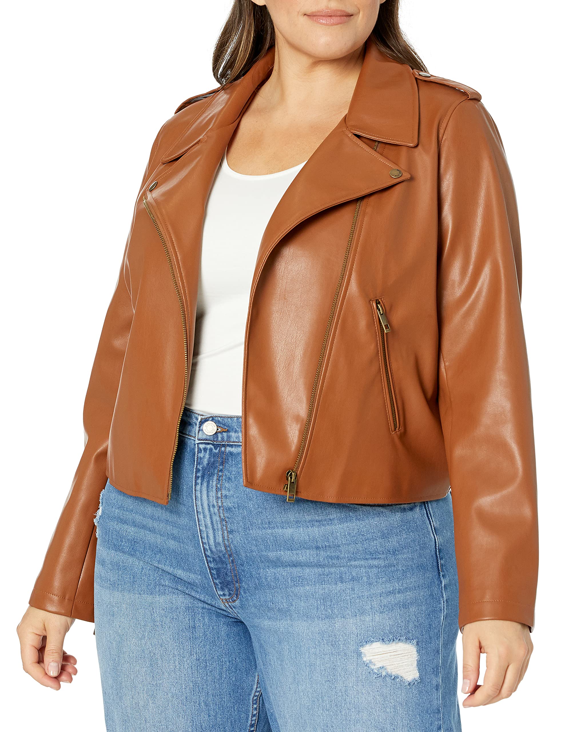 The Drop Women's Heather Faux Leather Moto Jacket, Cognac, XXL, Plus Size
