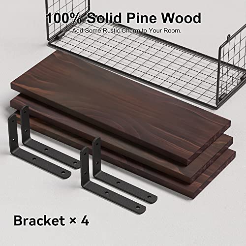 WOPITUES Floating Shelves Wall Mounted, Rustic Wood Bathroom Shelves Over Toilet with Paper Storage Basket, Farmhouse Floating Shelf for Wall Decor, Bedroom, Living Room, KitchenâRustic Brown