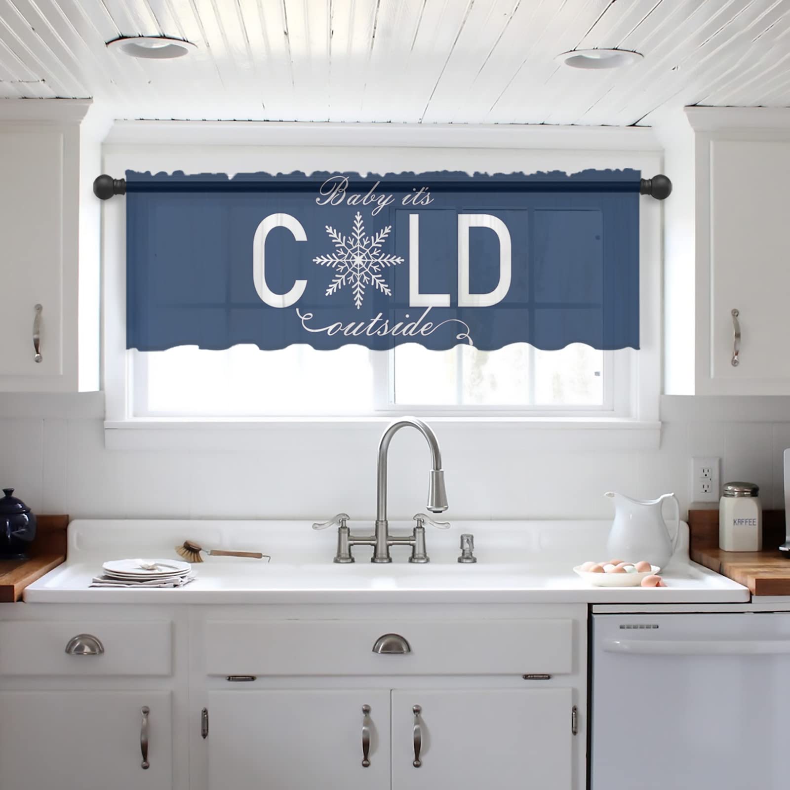 AmbeHome Sheer Valances for Windows Kitchen Curtains Valances, Christmas Window Valances Rod Pocket Curtain Valances for Living Room Bedroom Kitchen Cafe, 54x18in Cold Winter Snowflakes Blue Backdrop
