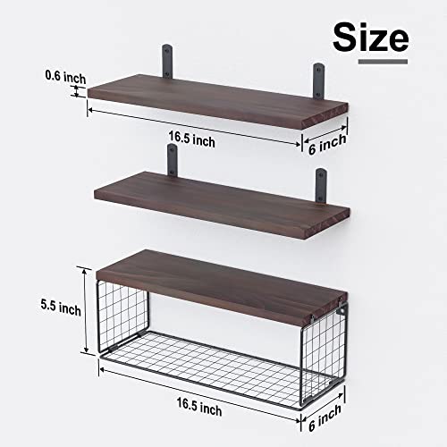 WOPITUES Floating Shelves Wall Mounted, Rustic Wood Bathroom Shelves Over Toilet with Paper Storage Basket, Farmhouse Floating Shelf for Wall Decor, Bedroom, Living Room, KitchenâRustic Brown