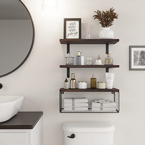 WOPITUES Floating Shelves Wall Mounted, Rustic Wood Bathroom Shelves Over Toilet with Paper Storage Basket, Farmhouse Floating Shelf for Wall Decor, Bedroom, Living Room, KitchenâRustic Brown