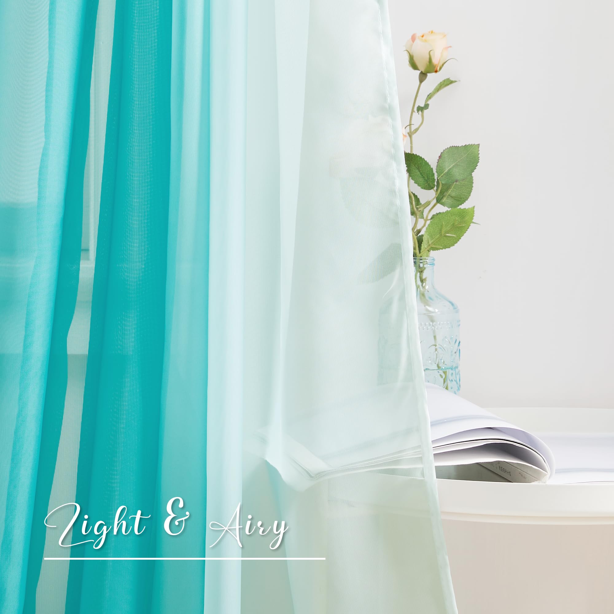 NICETOWN Teal Ombre Sheer Scarf Curtains Valances, Decorative Elegant Backdrop Voile Sheer Texture Bed Canopy for Indoor Outdoor Beach Wedding/Bed Canopy, 2 Panels, W60 x L216