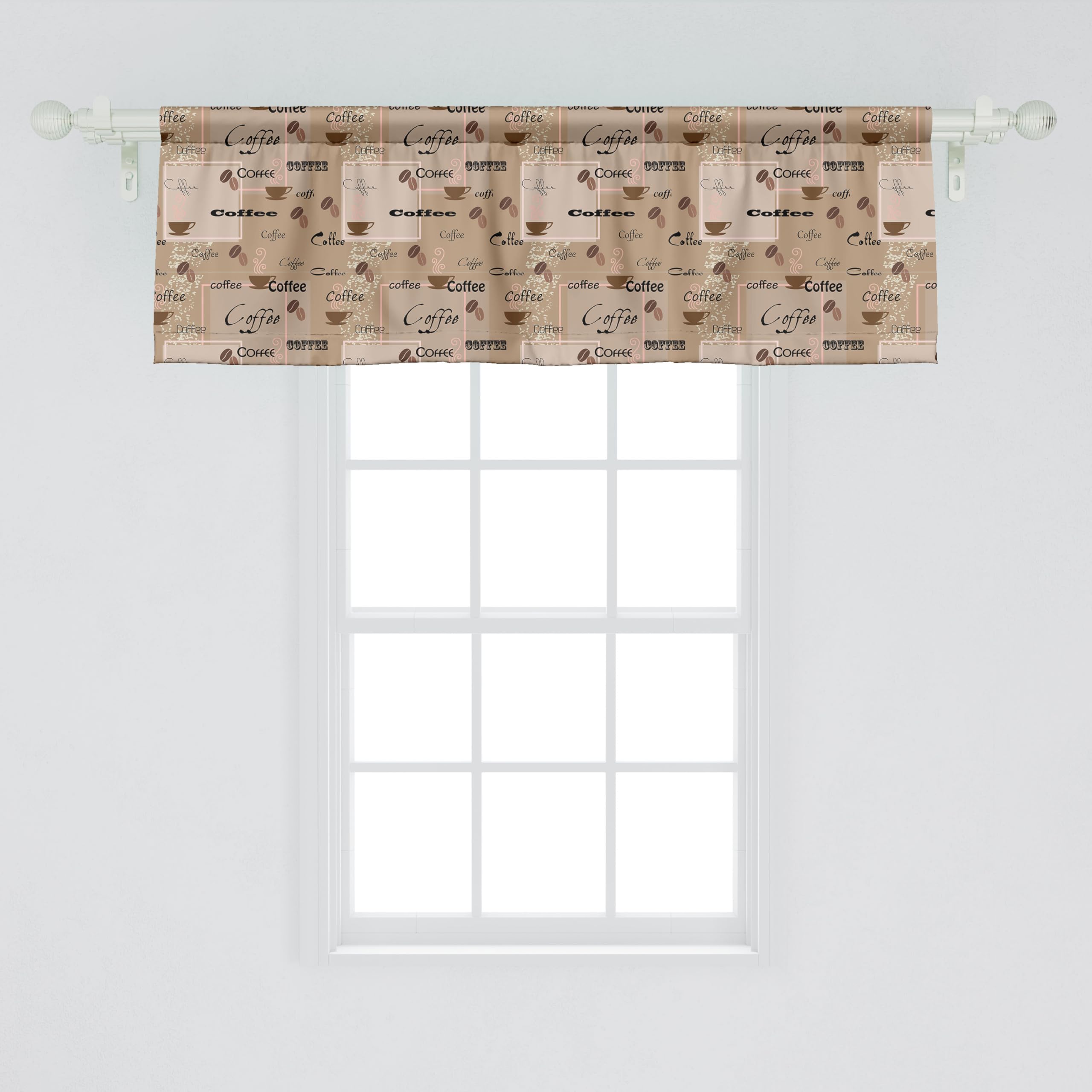 Ambesonne Coffee Window Valance, Coffee Words Different Typographies Beans Cups on Abstract Vintage Backdrop, Rod Pocket Curtain Valances for Kitchen Bedroom, 54" X 18", Brown Black