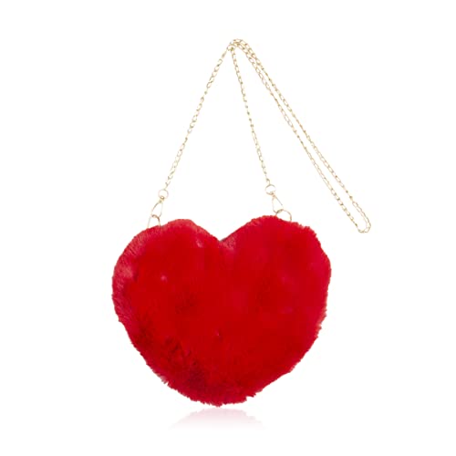 Mini Momo Heart Shape Handbag Cute Girls Purse - Fluffy Faux Fur Bag Women Crossbody, Valentines Day Bow Tie Ribbon Shoulder (Fluffy Heart Chain Bag - Red)
