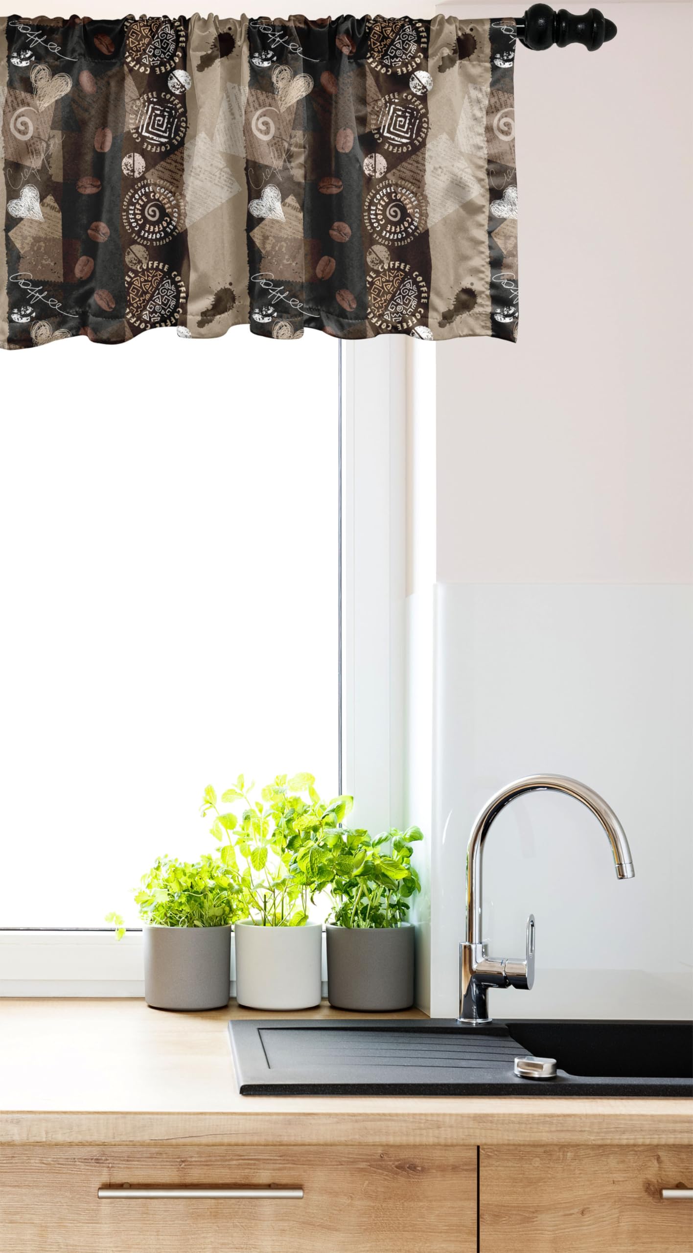 Ambesonne Brown Window Valance, Coffee Typography Hearts and Beans on Abstract Striped Grungy Backdrop in Brown Tones, Curtain Valance for Kitchen Bedroom Decor with Rod Pocket, 42" x 18", Brown