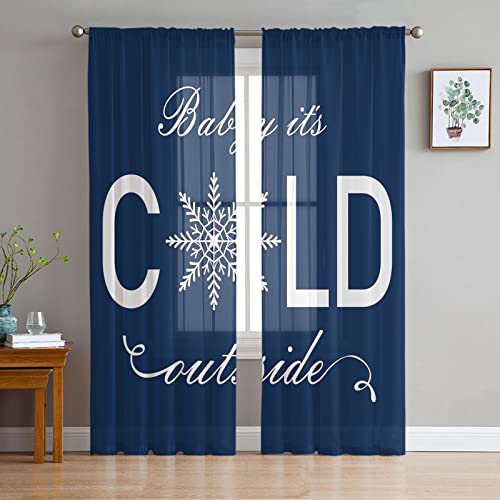 Semi Sheer Curtains 63 Inch Length 2 Panels Set, Christmas Sheer Kitchen Curtain Rod Pocket Drapes for Living Room Bedroom Privacy Voile Window Treatment Cold Winter Snowflakes Blue Backdrop