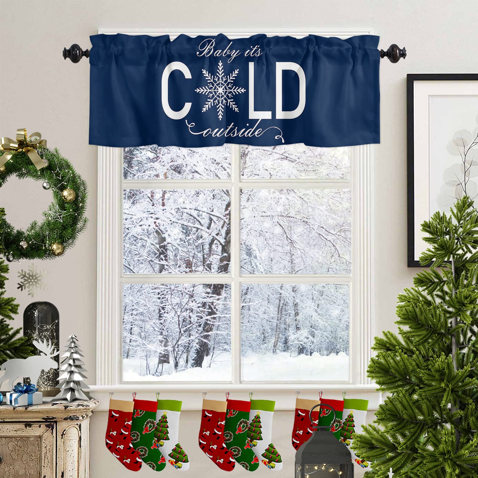 Kitchen Curtains Valances for Windows, Christmas Valance Curtains Rod Pocket Window Treatment Decor Valances for Living Room Bedroom Cold Winter Snowflakes Blue Backdrop, 1 Panel 54 x 18 Inch