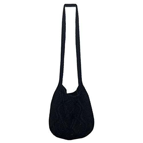 Fairycore Crochet Tote Bag Women's Shoulder Bags Trendy Hobo Bag Y2K Aesthetic Shopping Handbag Accessories (Black)