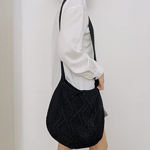 Fairycore Crochet Tote Bag Women's Shoulder Bags Trendy Hobo Bag Y2K Aesthetic Shopping Handbag Accessories (Black)