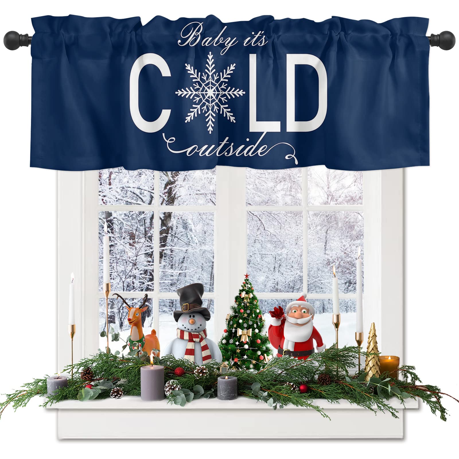 Kitchen Curtains Valances for Windows, Christmas Valance Curtains Rod Pocket Window Treatment Decor Valances for Living Room Bedroom Cold Winter Snowflakes Blue Backdrop, 1 Panel 54 x 18 Inch