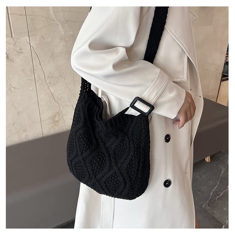 Fairycore Crochet Tote Bag Women's Shoulder Bags Trendy Hobo Bag Y2K Aesthetic Shopping Handbag Accessories (Black)
